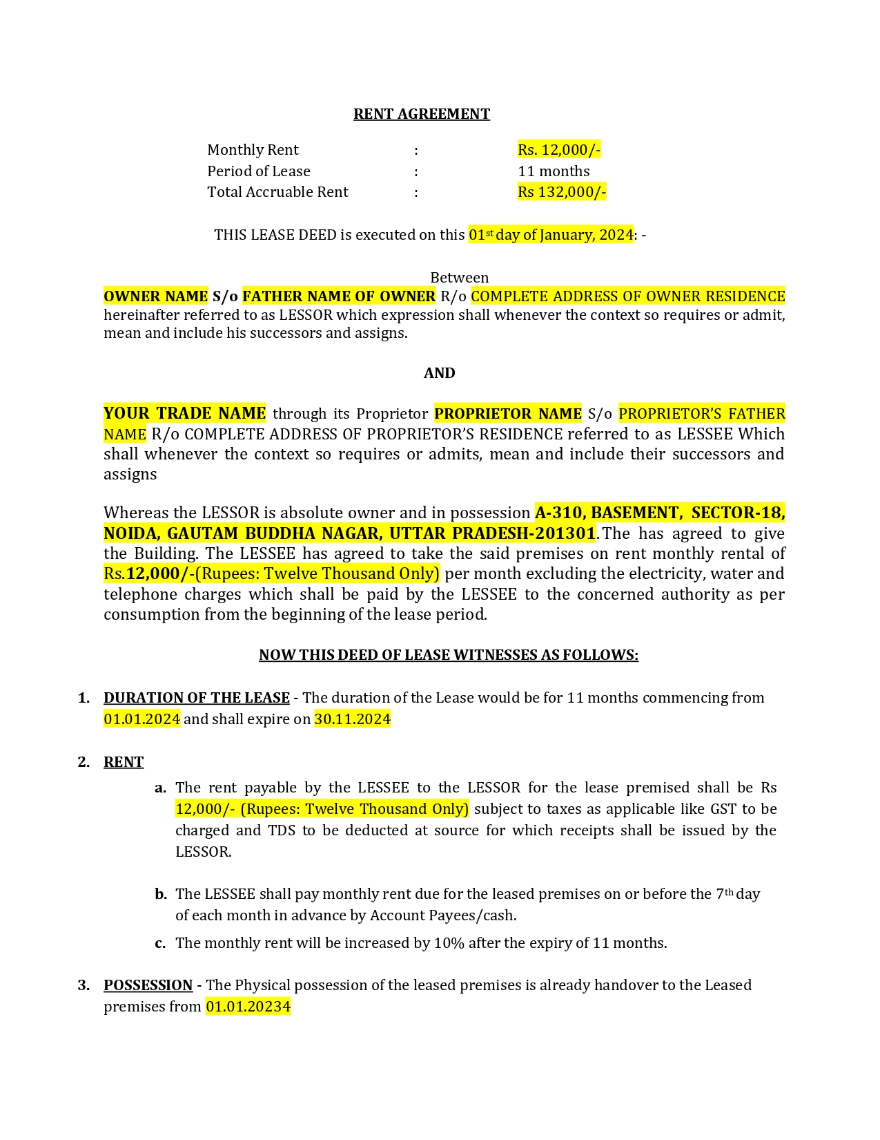 Rent Agreement For GST Registration