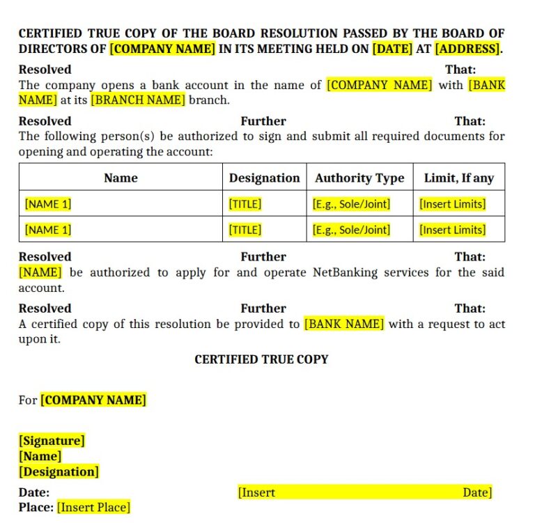 Board Resolution To Open Bank Account: Download Template