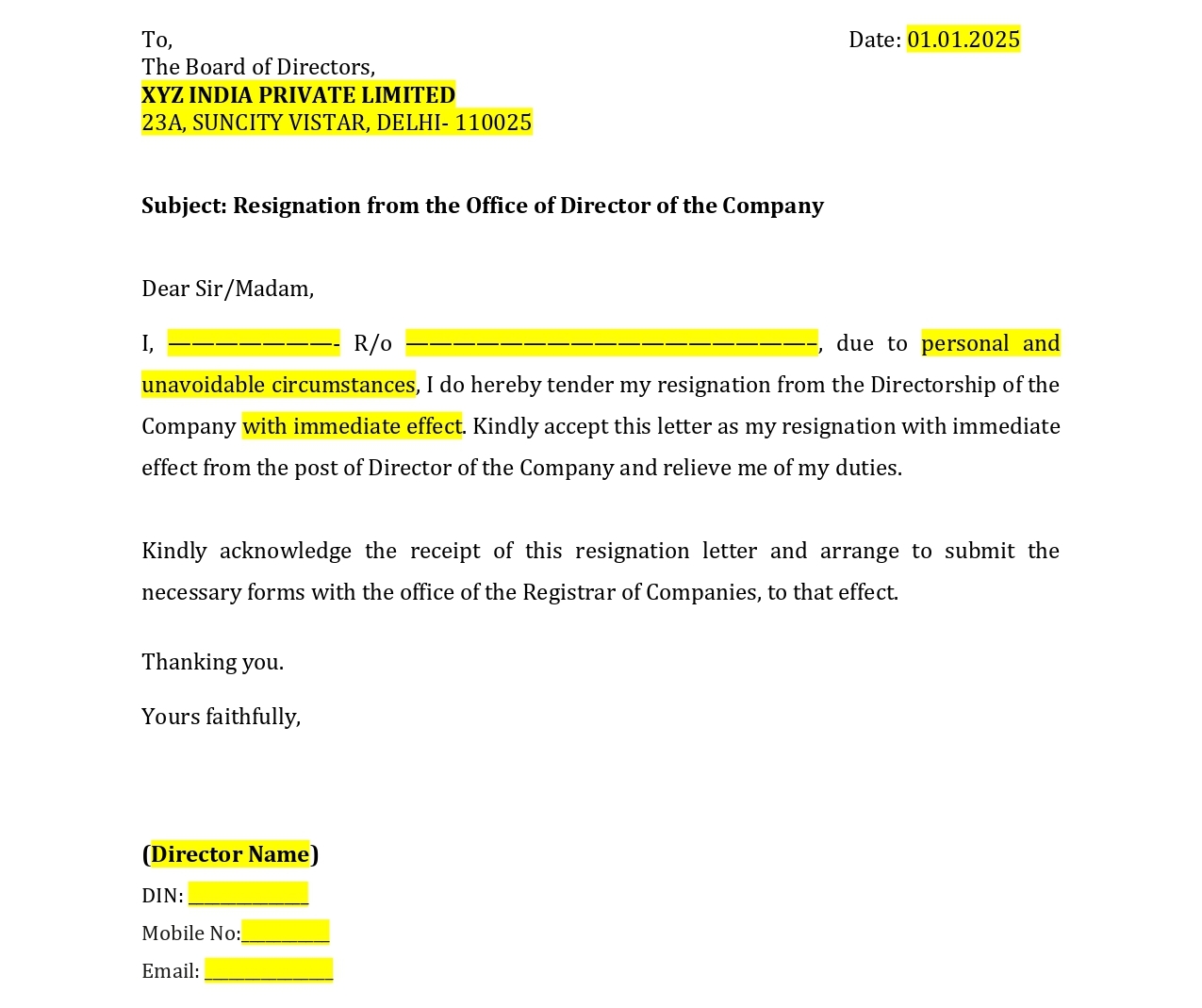 Company Resignation Of Director Companies Act, 2013