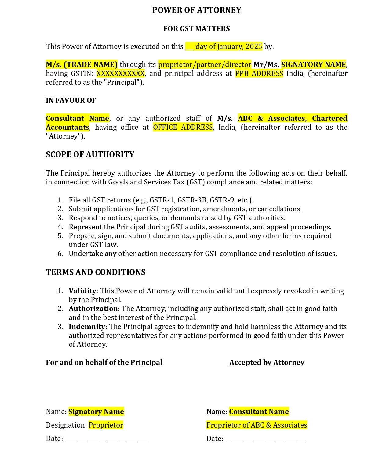 Power Of Attorney Format For GST Representation: Word & PDF