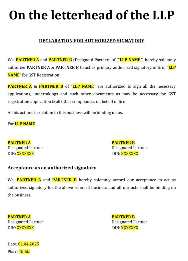 Letter Of Authorization For GST Registration [Free Word Format Download]