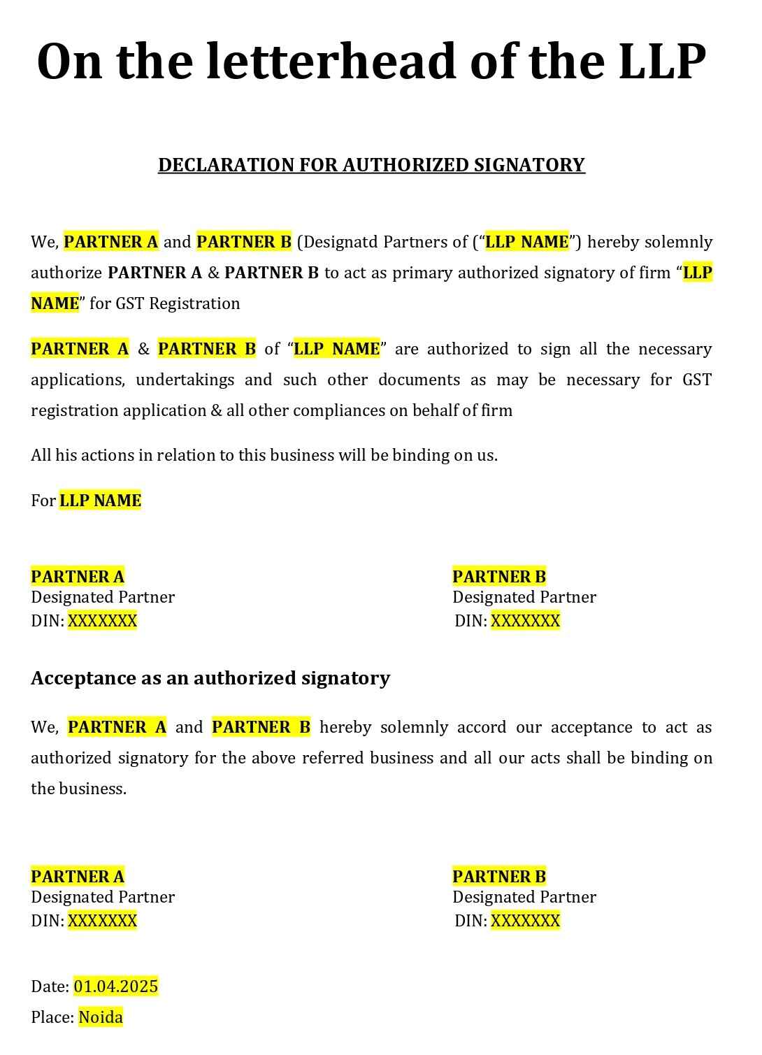Letter Of Authorization For GST Registration [Free Word Format Download]