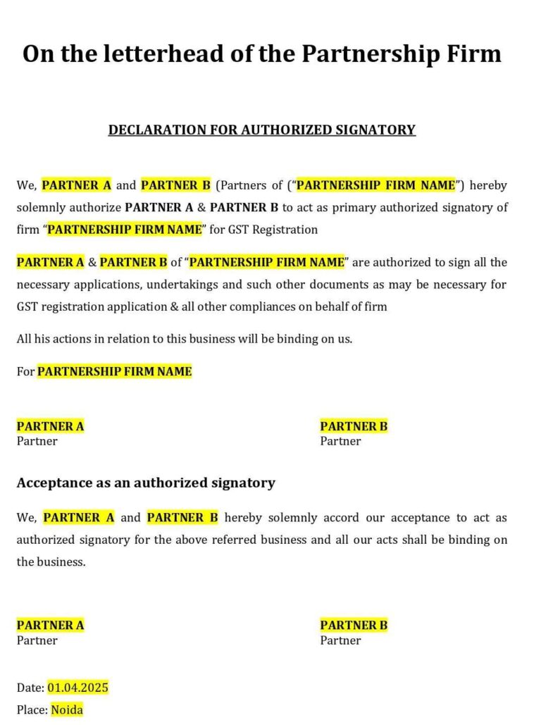 Letter Of Authorization For GST Registration [Free Word Format Download]