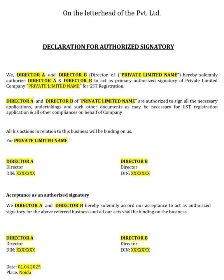 Letter Of Authorization For GST Registration [Free Word Format Download]